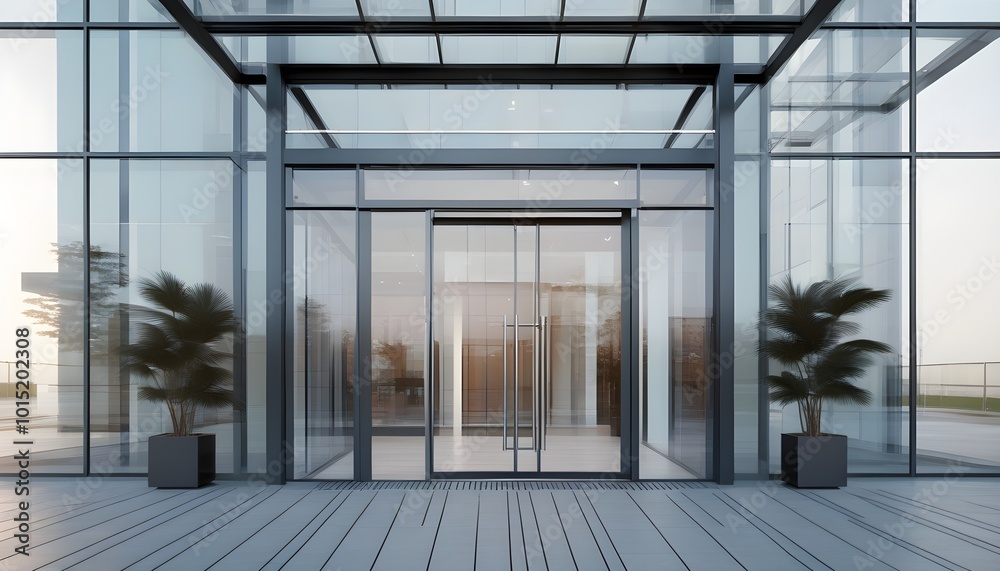 Sleek modern glass entrance featuring an elegant sliding door for ...