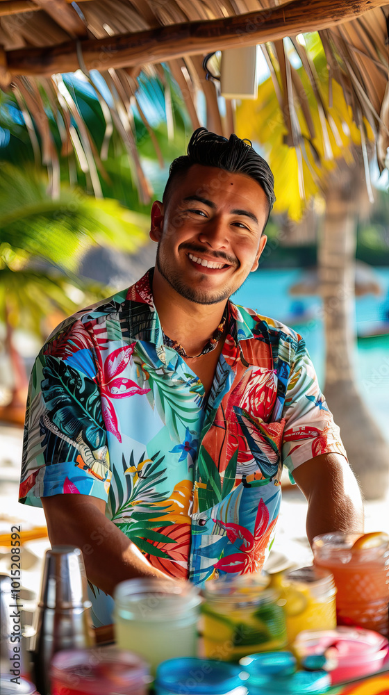 Smiling Bartender in Tropical Shirt Preparing Drinks at a Beach Bar ...