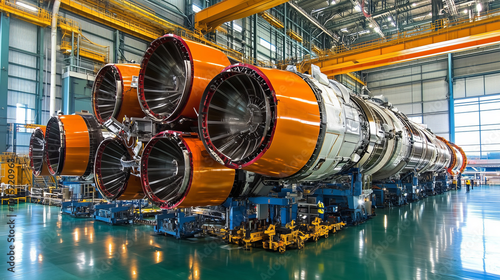 Large rocket engine assembly inside a manufacturing facility. Stock ...