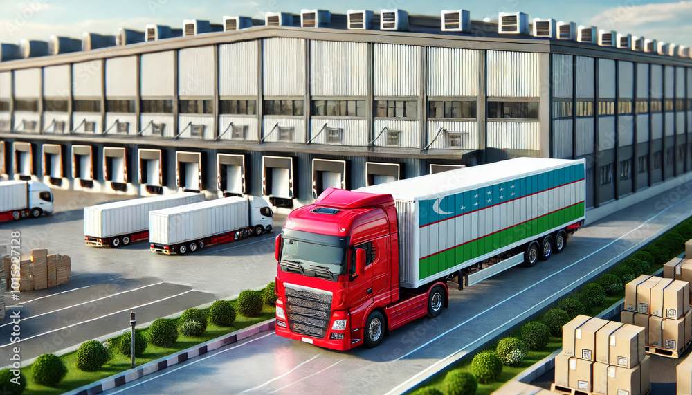 Red semi-truck with Uzbekistan flag trailer at a large logistics ...