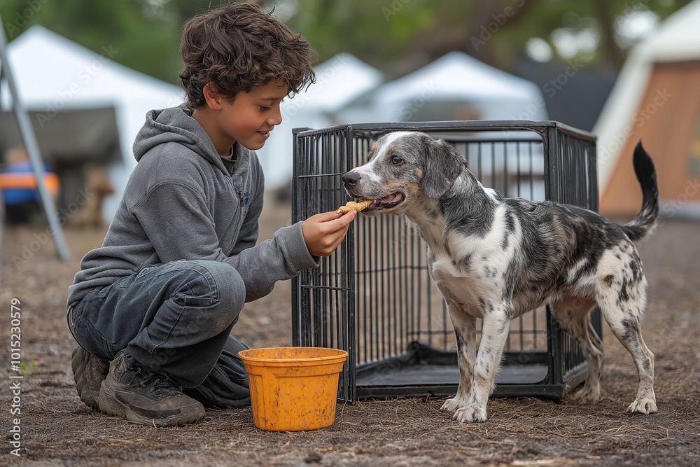 A boy feeding a dog at an outdoor animal rescue event, showing care and ...
