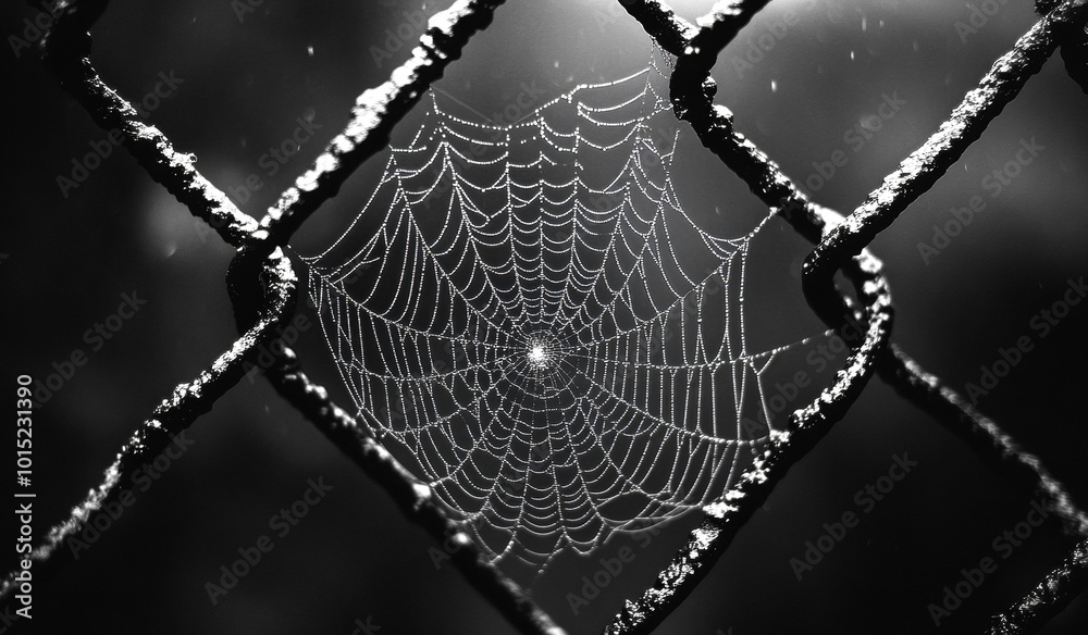 A spider web is seen through a chain link fence. The web is covered in ...