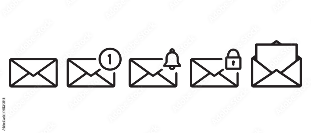 Simple flat icon set of Mail notifications. Message letter icon vector set. Email envelope icon ...