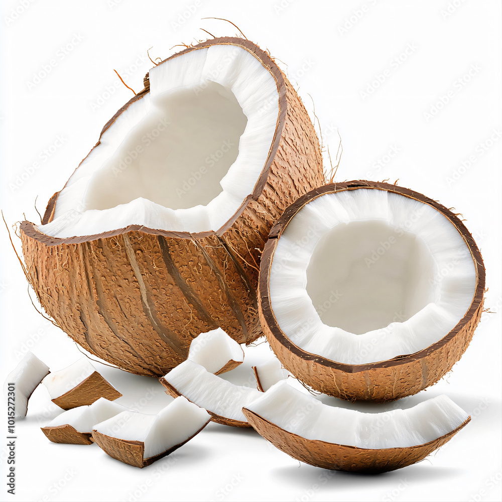 Fresh coconut cut open, showcasing white flesh and brown shell, perfect ...