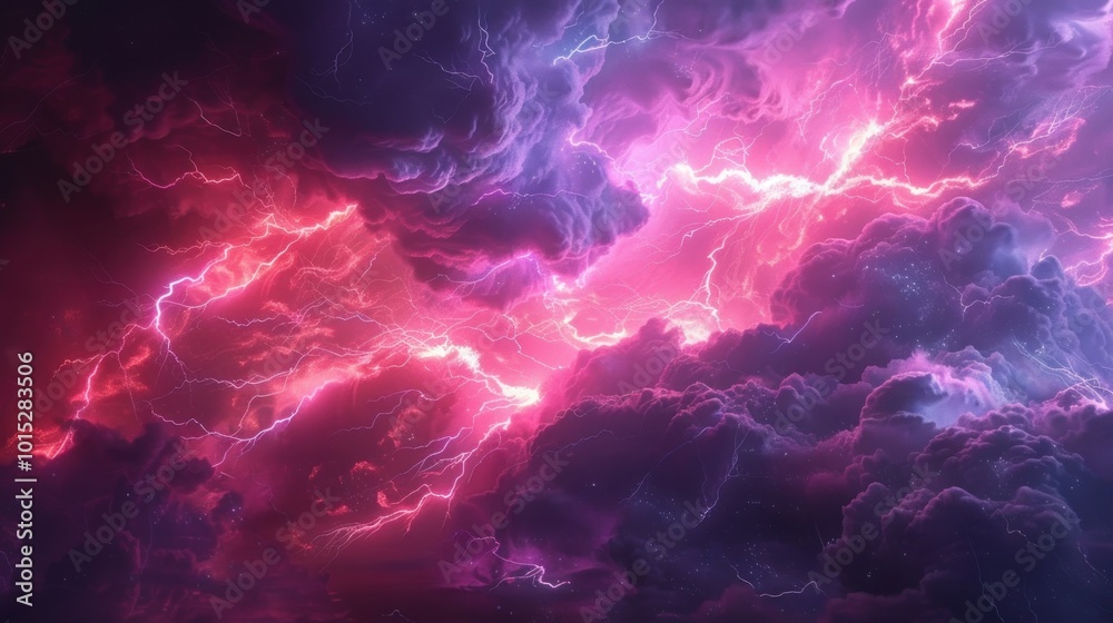 A dramatic lightning storm with vibrant pink and purple lightning bolts ...