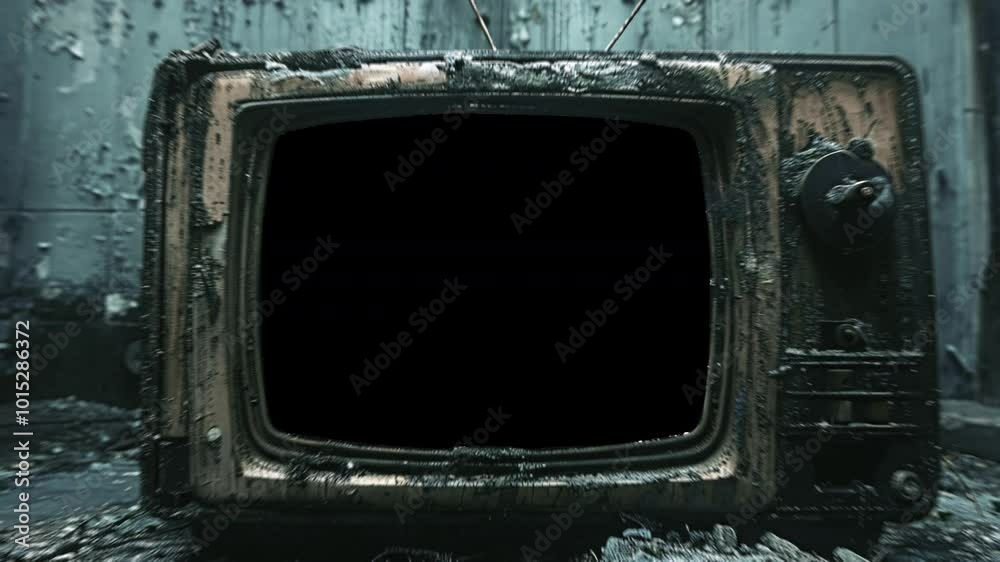 Creepy old TV flickers with static as the camera slowly zooms in ...