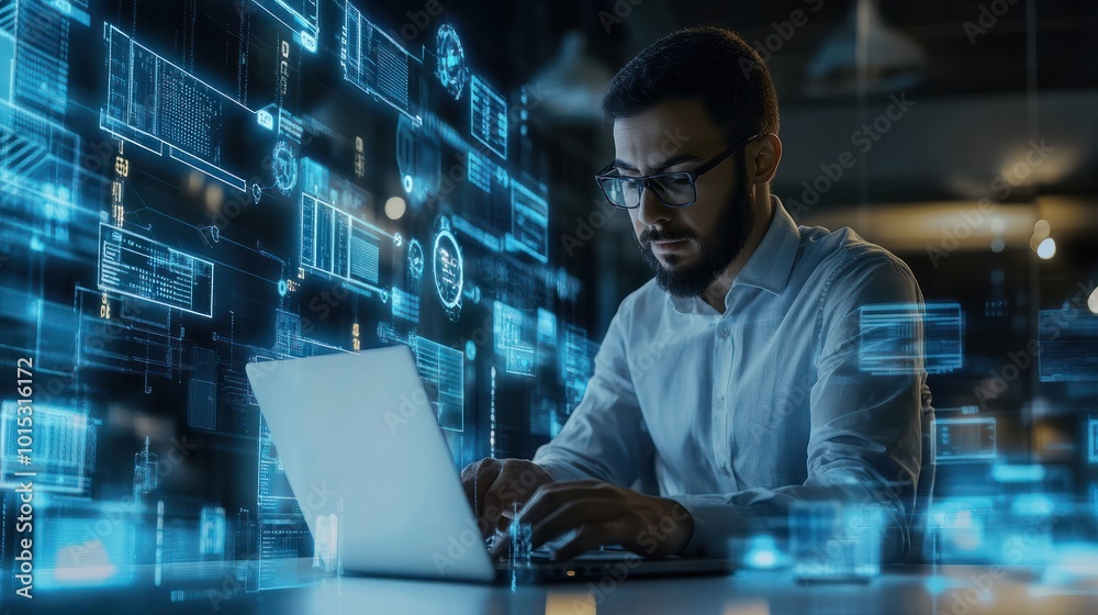 Computer engineer working on laptop computer with server room data ...