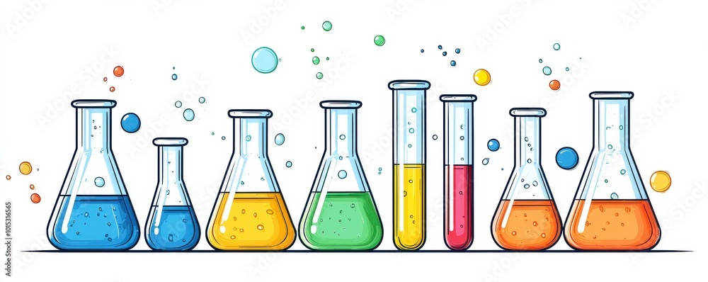 Colorful clip art of beakers and test tubes with vibrant liquid and ...