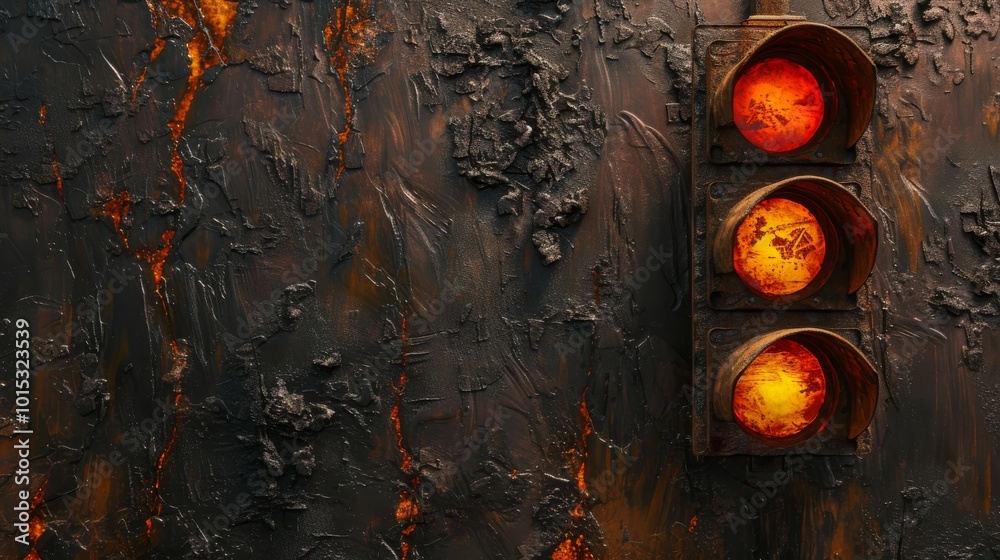 A set of weathered traffic lights with glowing red and amber signals ...