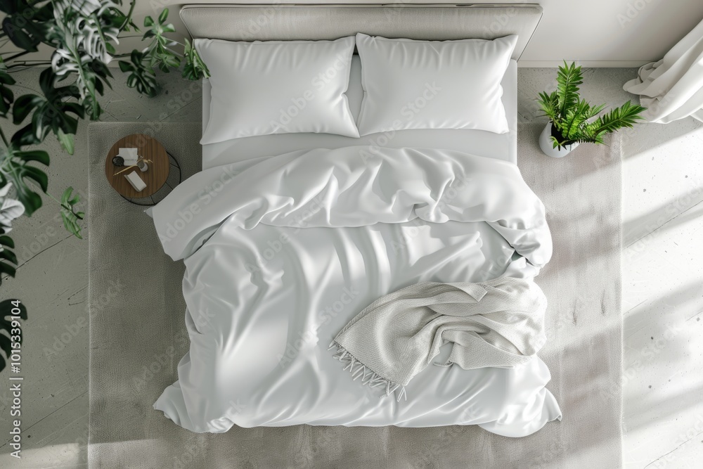 Top view of a neatly made bed with white bedding and pillows ...
