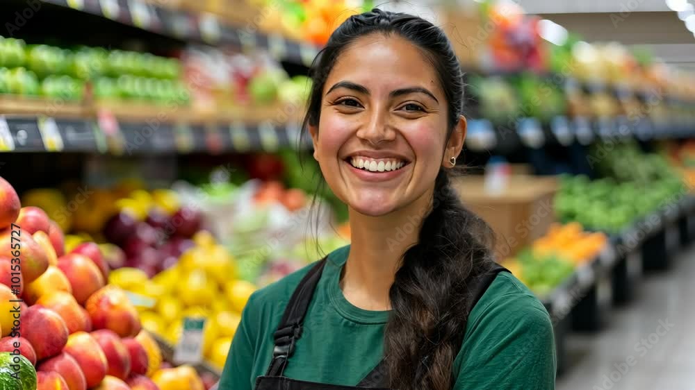 A woman smiles in a grocery store aisle, surrounded by fresh produce ...
