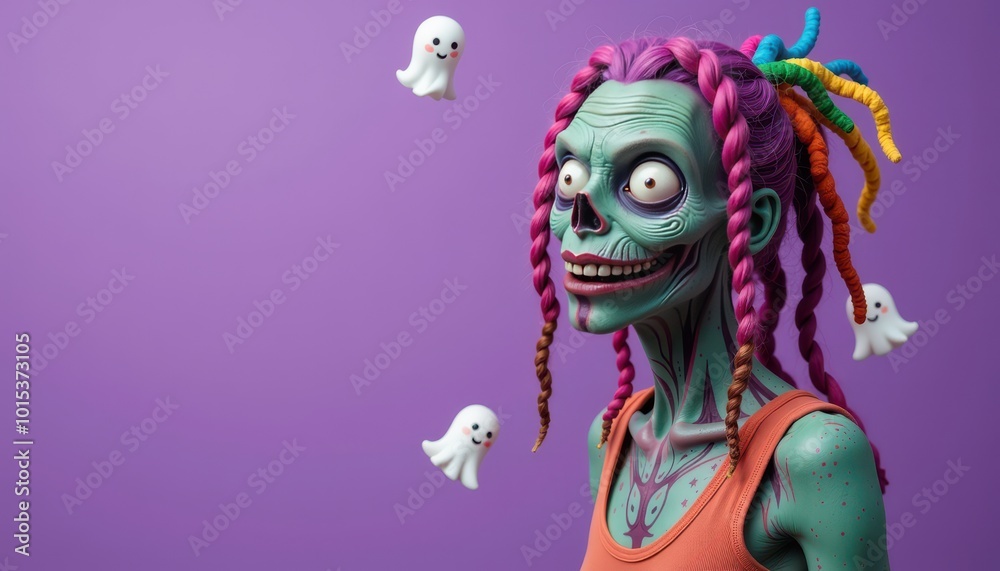 Silly zombie with rainbow dreadlocks and funny smirk on purple ...