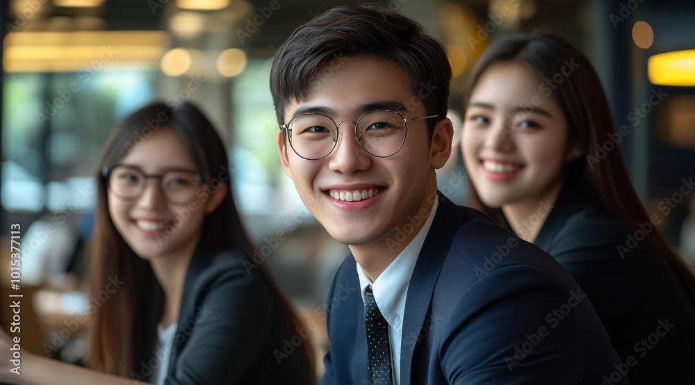 Young Asian Businessman and Two Female Colleagues Smiling During Office ...