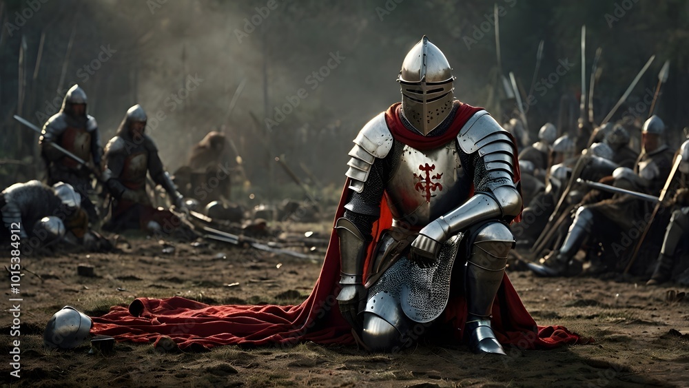 Knight in Full Armor Kneeling in Prayer Amidst a Battlefield ,Symbol of ...