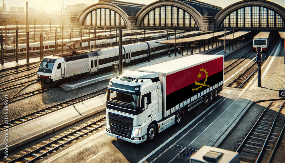 White semi-truck with an Angola flag trailer parked at a busy train ...