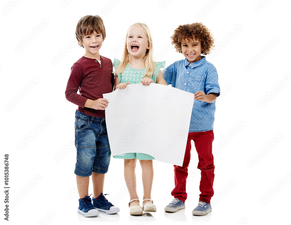 Happy children, poster and sign with mockup space for advertising ...