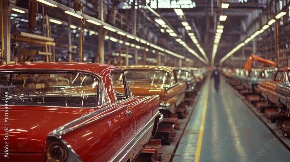A nostalgic view of classic vintage cars on an assembly line inside a ...