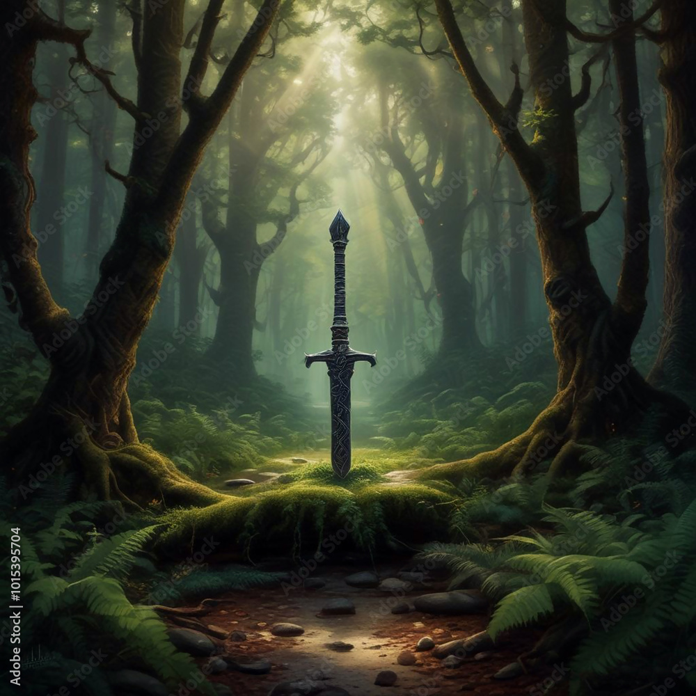 Realistic illustration of ancient sword in the middle of path in ...