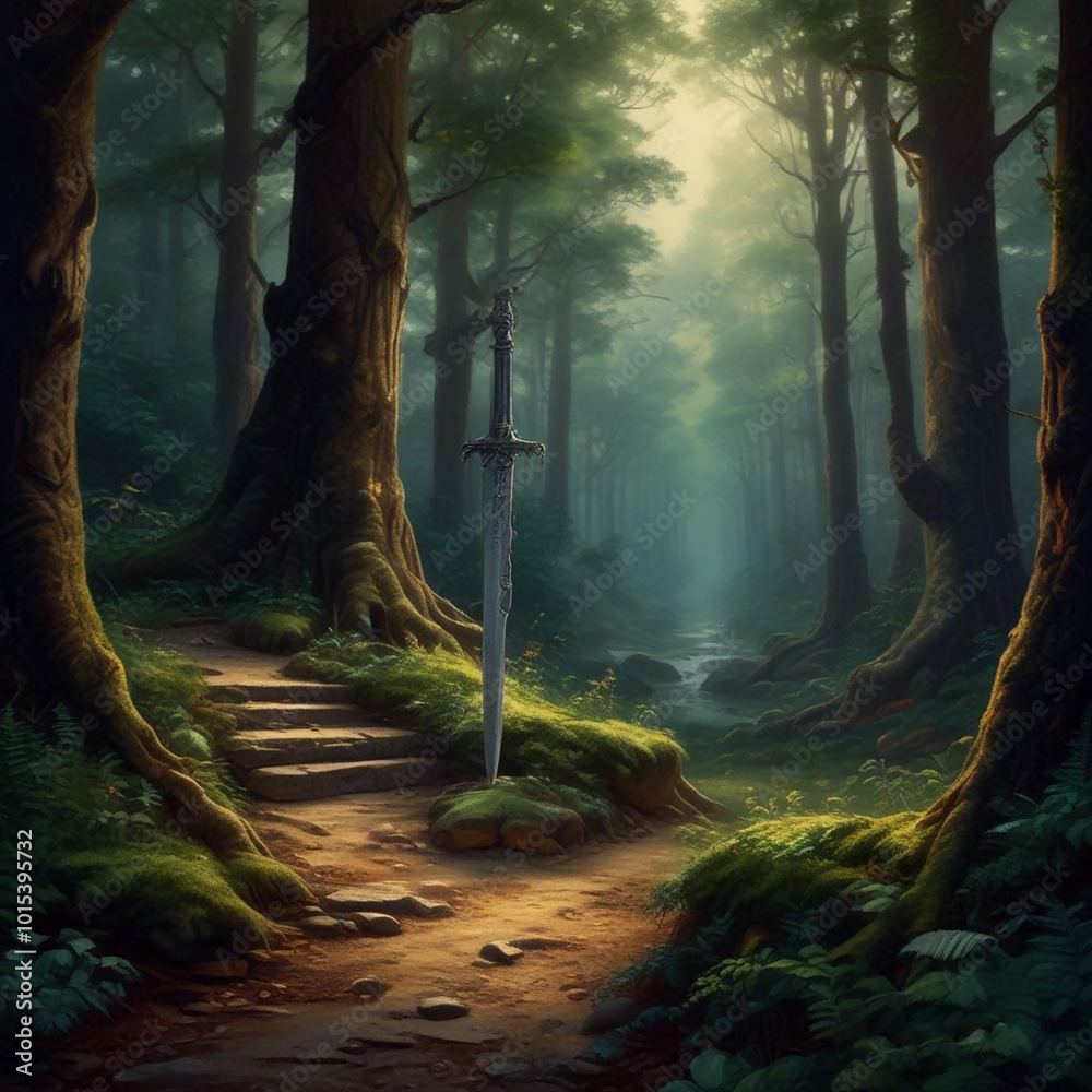 Realistic illustration of ancient sword in the middle of path in ...