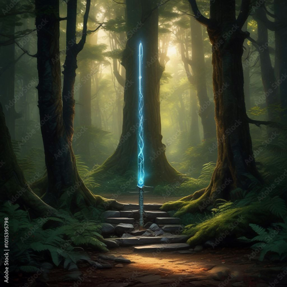Realistic illustration of ancient sword in the middle of path in ...