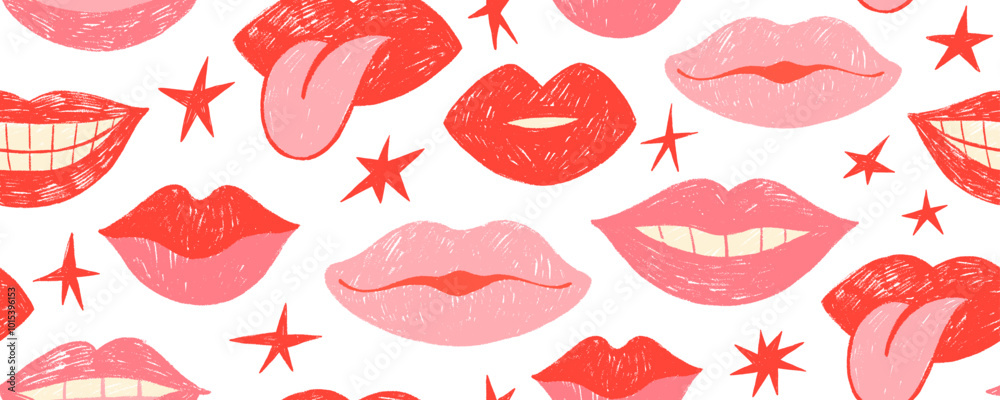 Seamless pattern with women and girl's red lips. Crayon drawn funky ...
