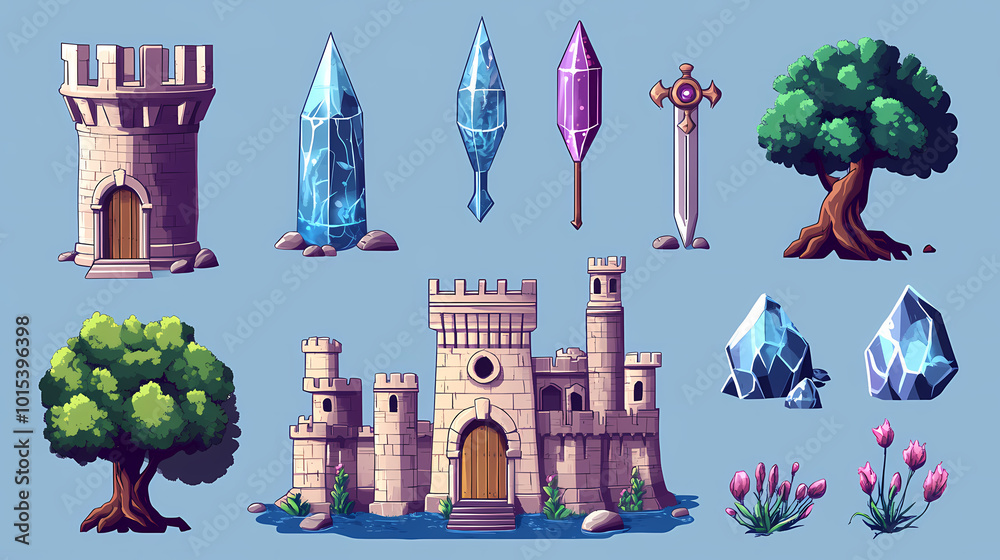ภาพประกอบสต็อก Pixel art sprites for game development, fantasy themed ...