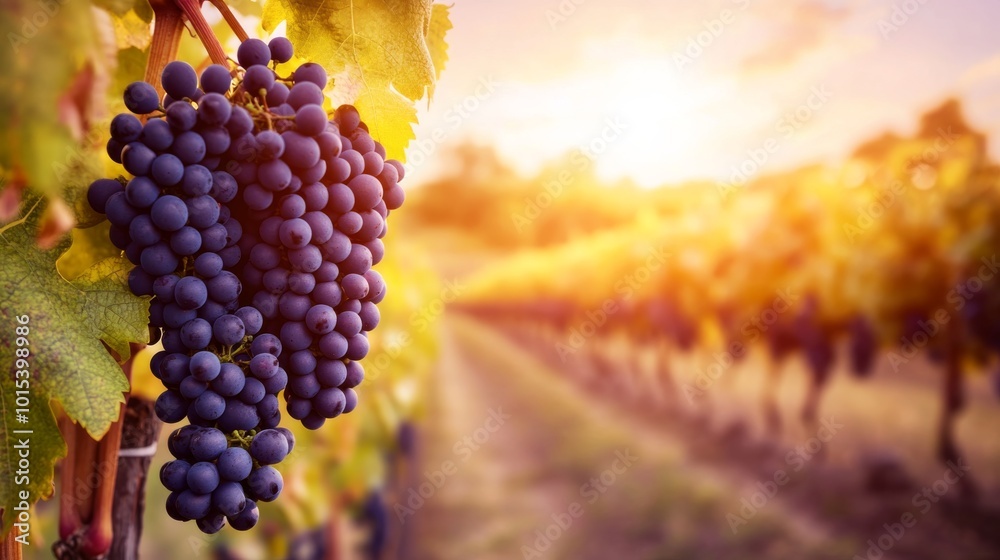 Heavy clusters of deep purple grapes dangle from lush vines in a ...