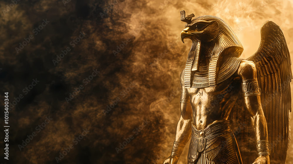 Sun god ra in metal statue. a golden hawk king representing powerful ...