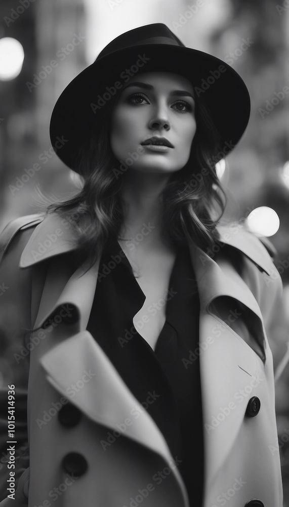 Noir movie back view of 40s detective woman wearing hat standing under ...