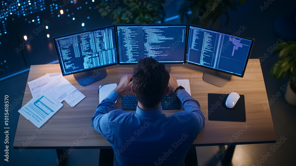 From above, a software developer types code on a dual-screen setup ...