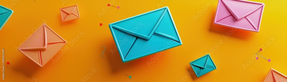 Colorful envelopes floating against a vibrant orange background ...