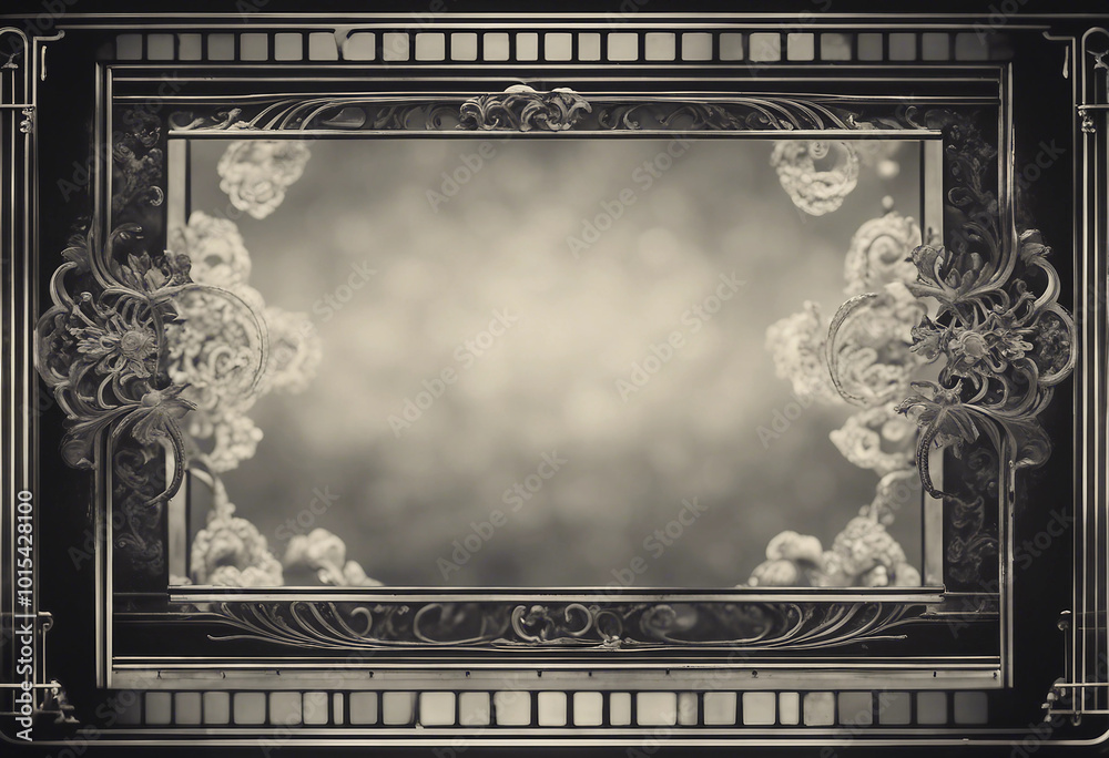 Silent cinema film end, movie screen with retro ornamental border frame ...
