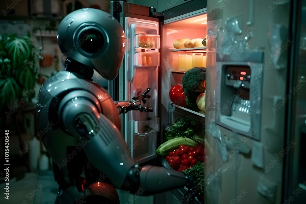 Humanoid Robot Opening Refrigerator Full Of Juice And Fresh Vegetables ...