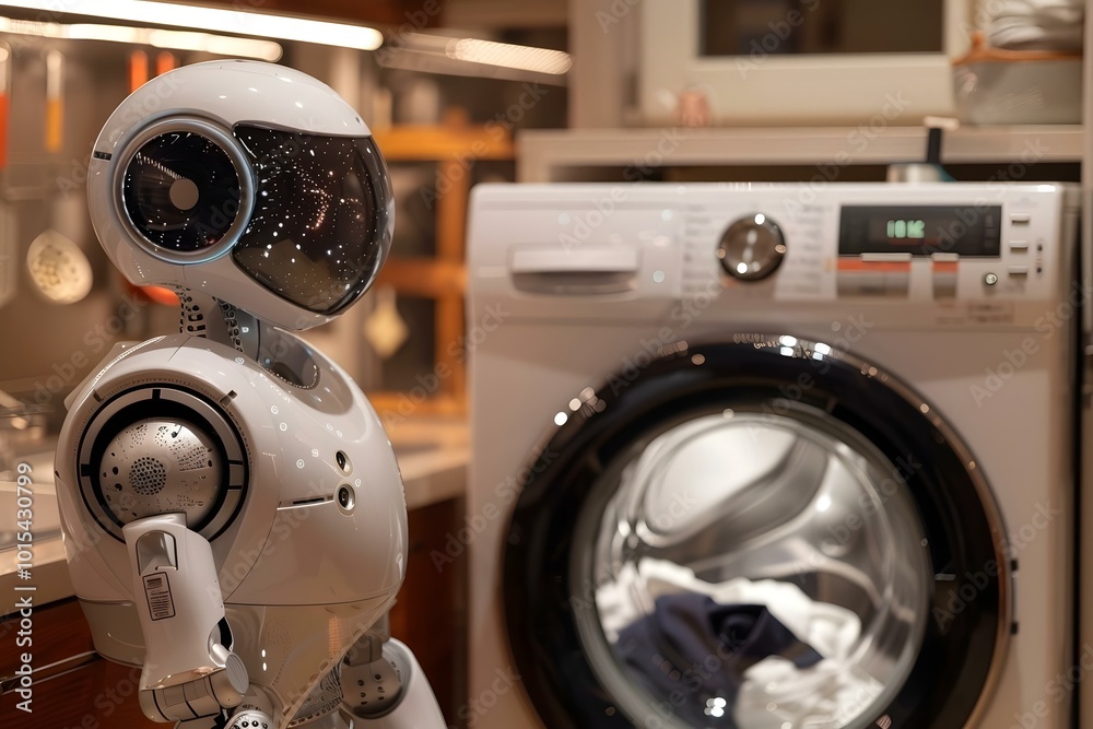 Humanoid robot looking at clothes rotating inside the washing machine ...