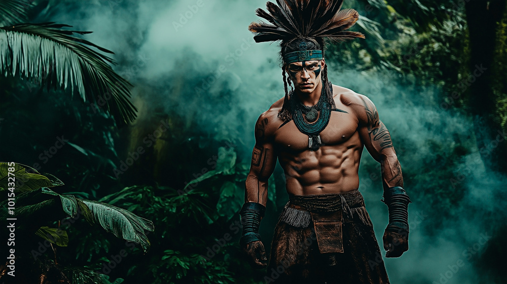 Warrior in SOuth American tribal attire standing in dense jungle with ...