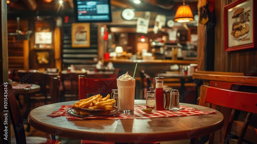 A cozy Western-style cafe with an empty table set with a burger, fries ...