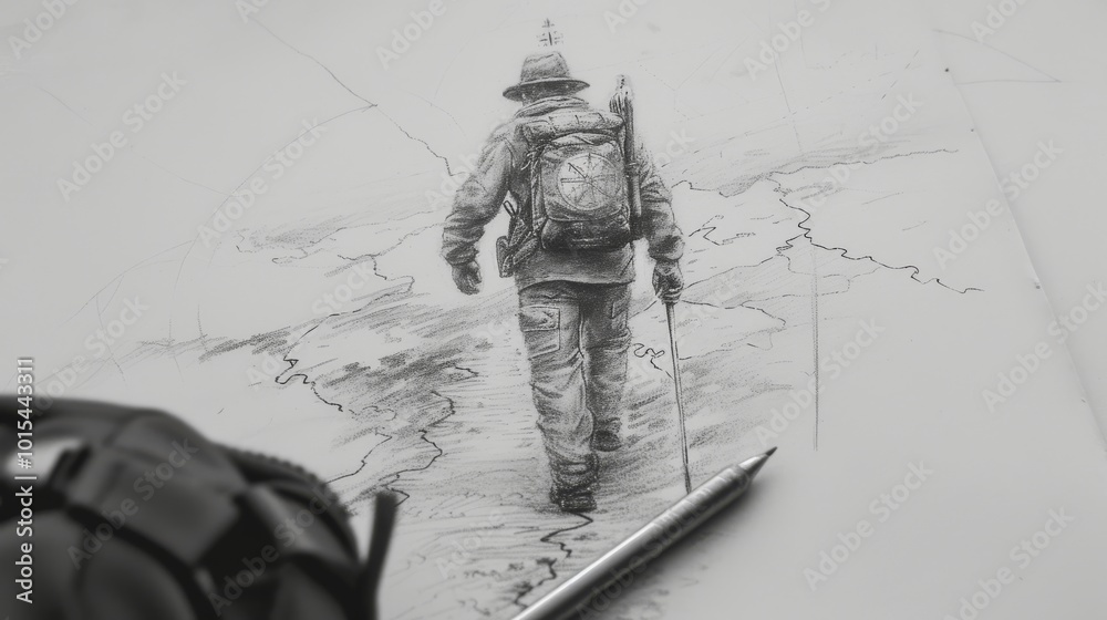 Detailed pencil sketch depicting a lone traveler with a backpack and ...