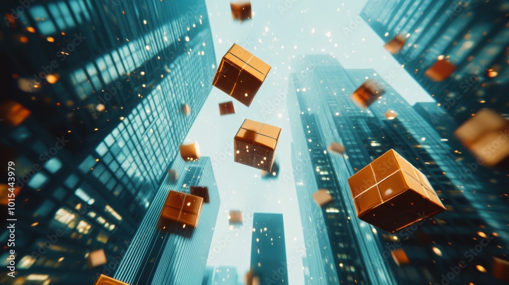 Gift box falling down from sky in large city with skyscrapers. Stock ...