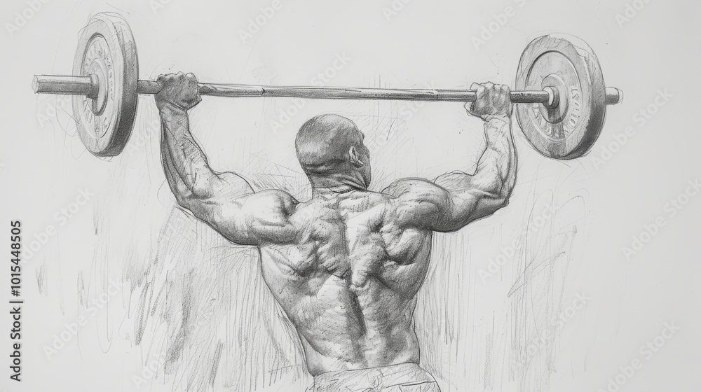Detailed pencil sketch of a muscular man from the back lifting a heavy ...