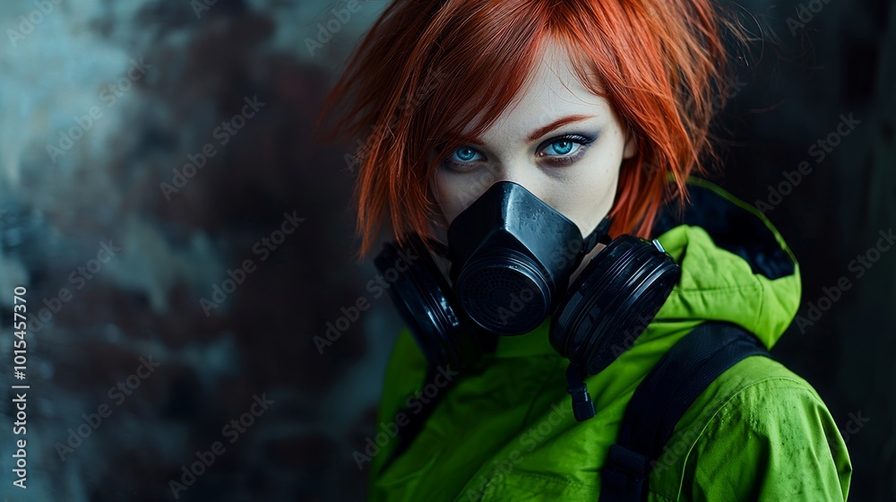 Defiant young woman with vibrant red hair and piercing blue eyes wears ...