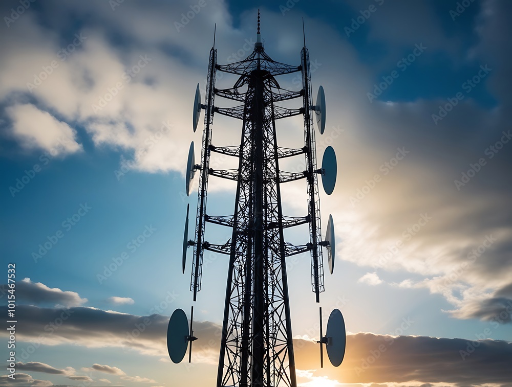 Telecommunication tower cellular. Macro Base Station. 5G radio network telecommunication ...