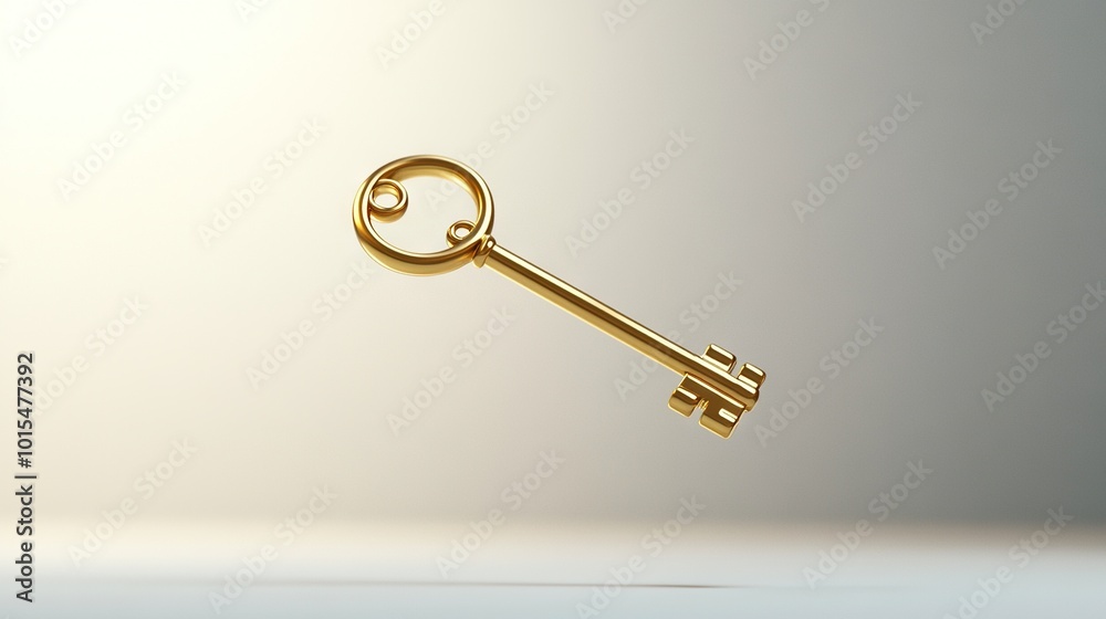 Golden key dangling in white background, reflecting its own image in ...