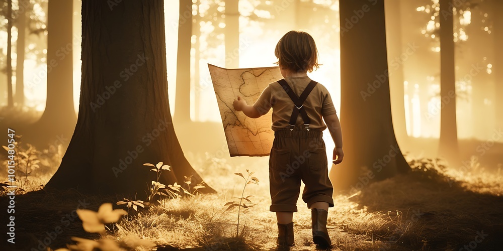 Young boy kid participating to a treasure hunt holding the treasure map ...