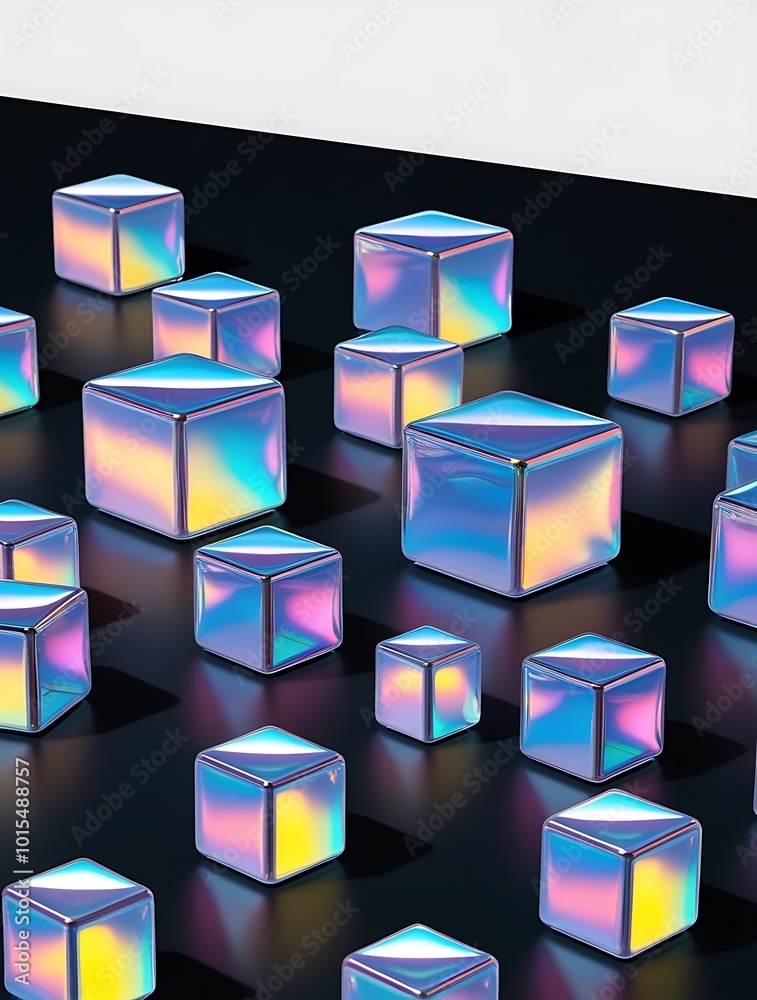 A set of 3D glass square shapes exhibiting refraction and holographic ...