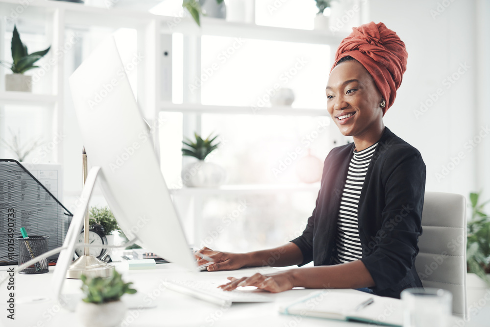 Black woman, computer and thinking in office with SEO and content ...
