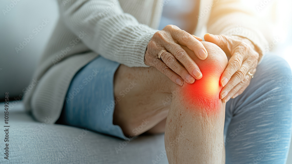 elderly older woman knee joint pain illustration of the bone and red ...