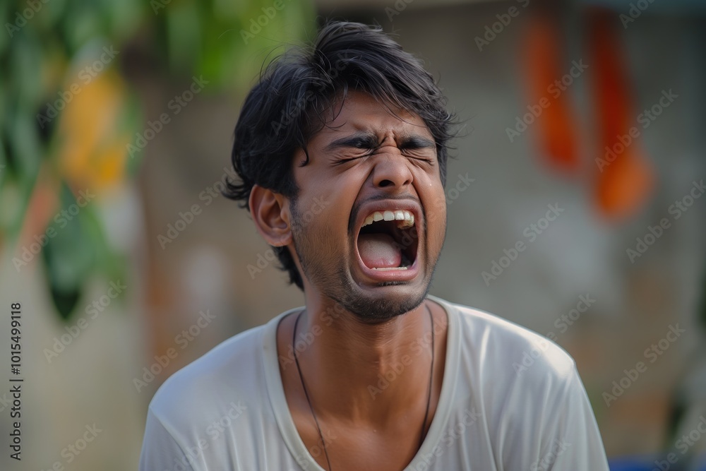 Indian young man in intense emotional pain, frustration. Contorted face ...