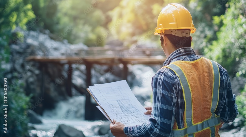 Civil engineer analyzing terrain and river characteristics for optimal ...