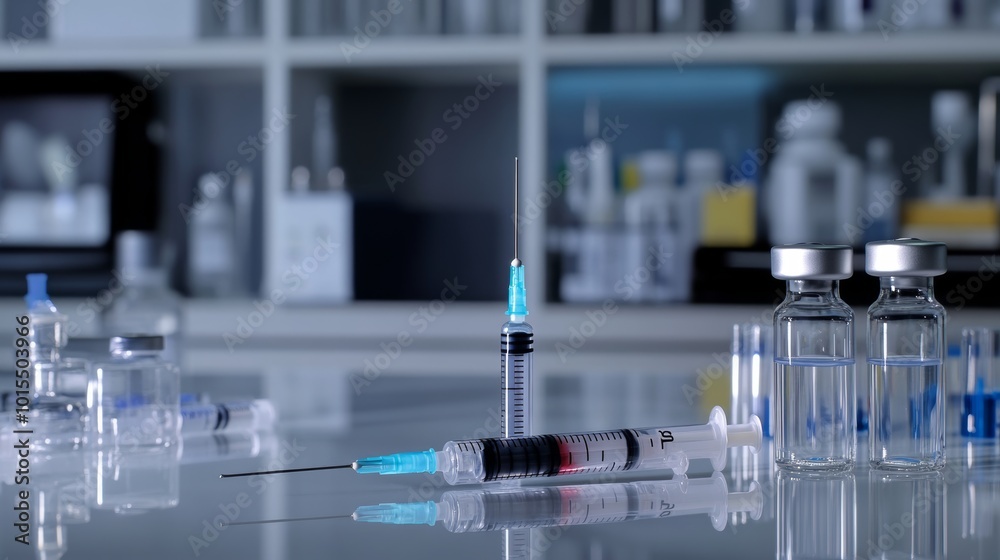 Medical research and development scene showcasing a syringe and vaccine ...