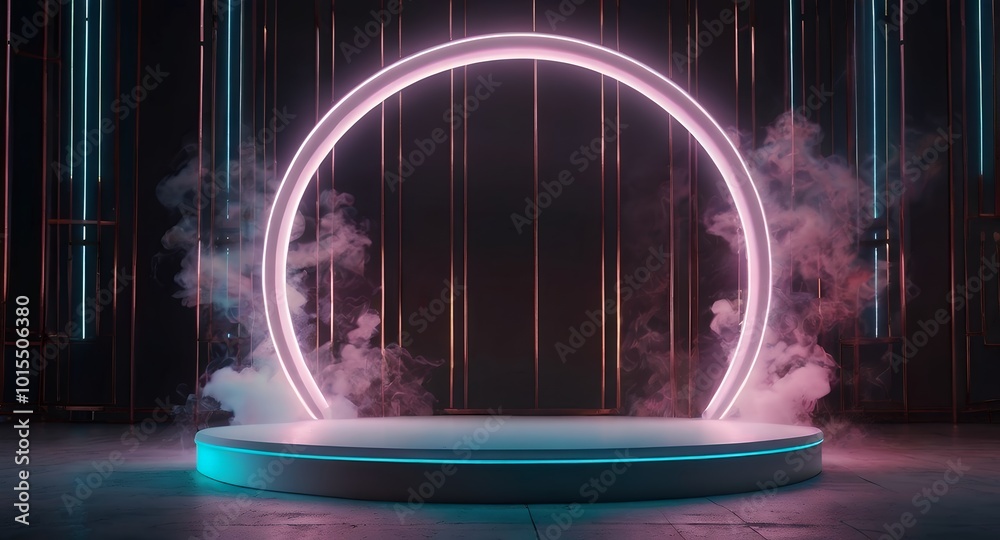Podium with clouds of smoke and neon frame. Circle pedestal for the ...
